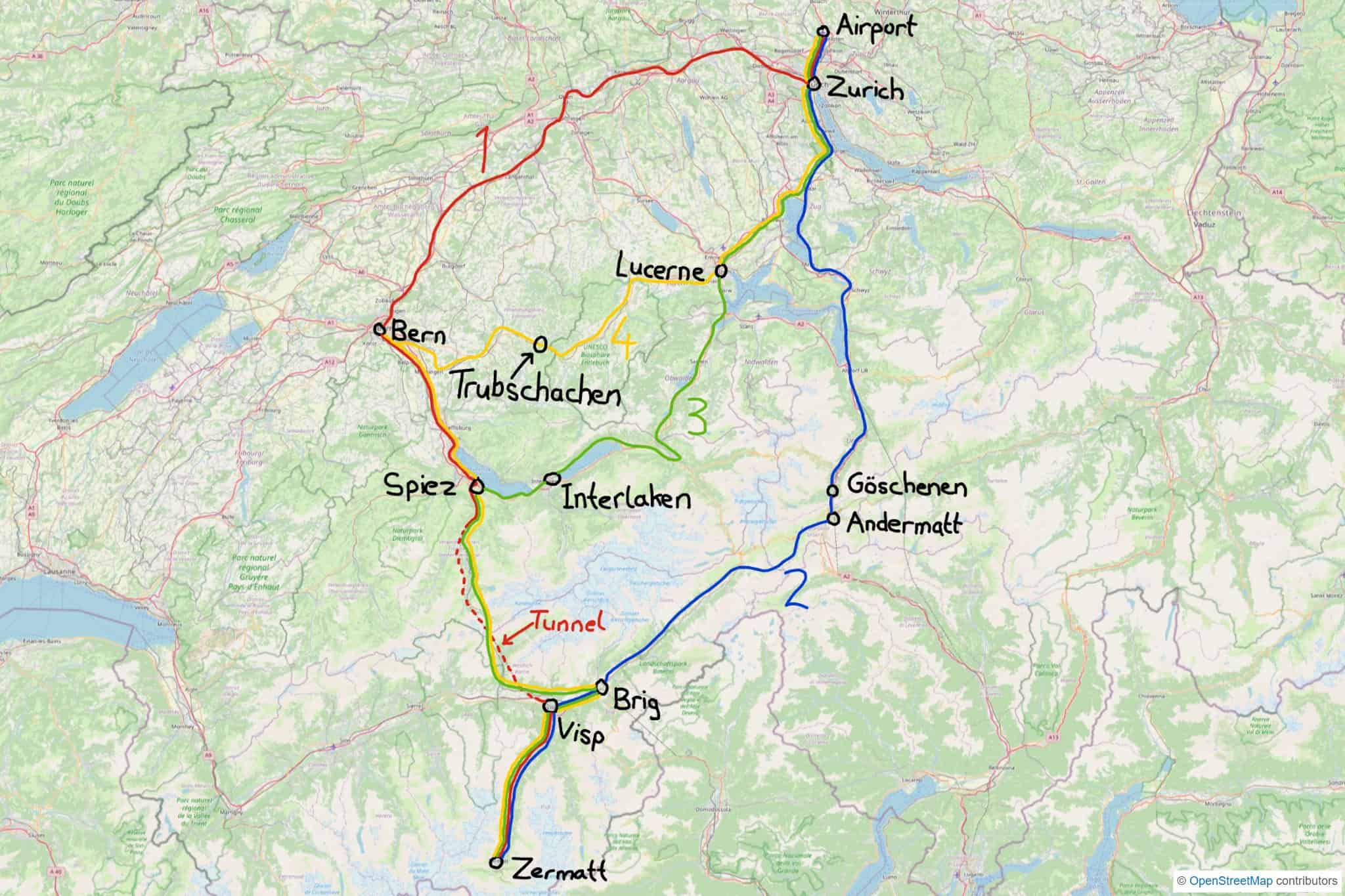 Zurich to Zermatt by train (4 routes) and by car (2 routes)